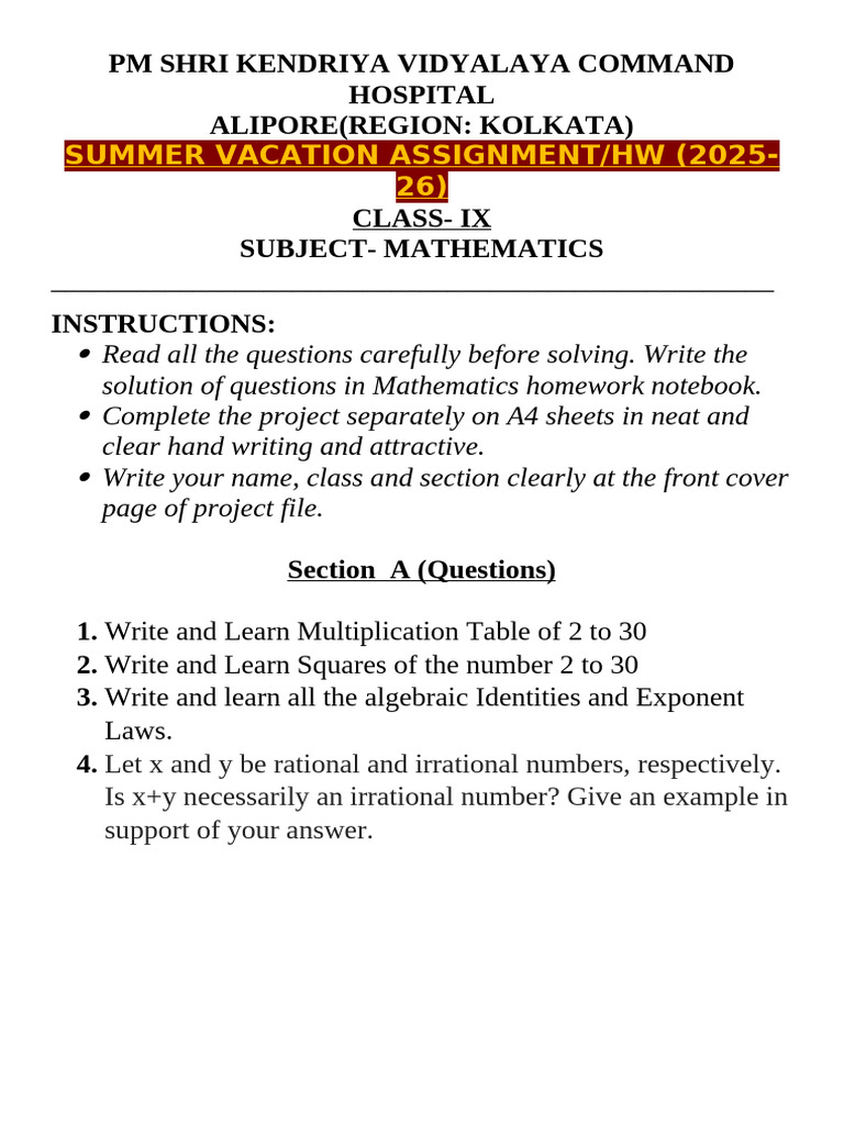 Ix Maths HHW (2025-2026) | PDF