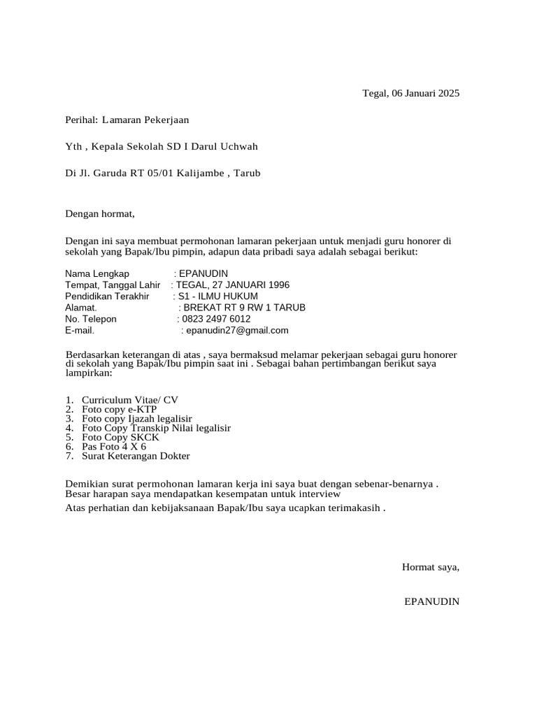 Contoh Surat Lamaran Kerja Guru SD | PDF