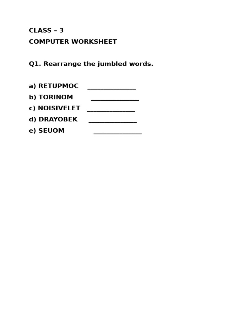 Class - 3 Computer Worksheet | PDF