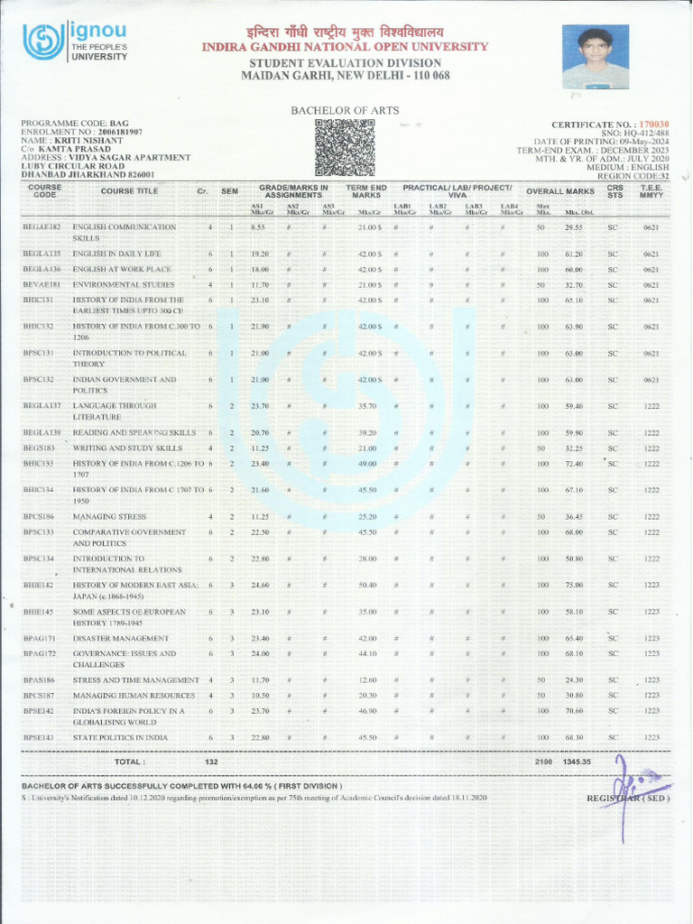 Ignou Marksheet | PDF
