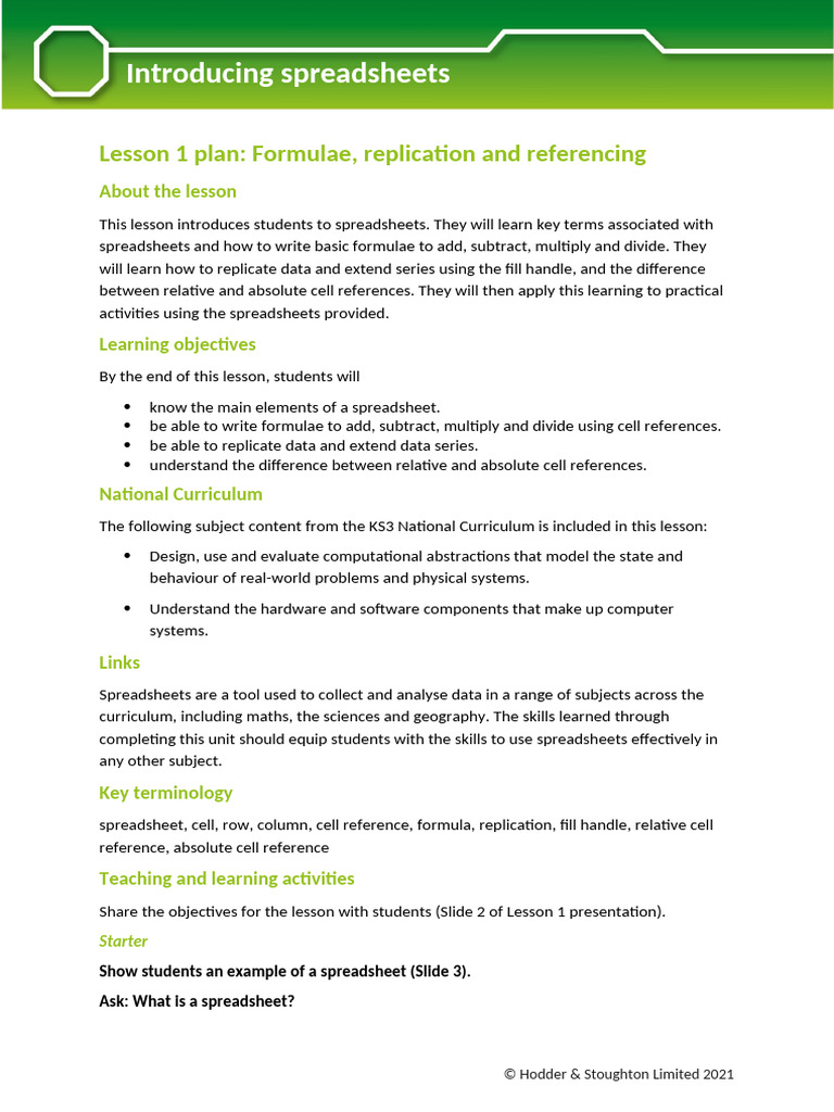 Lesson plan 1- Introducing spreadsheets | PDF | Spreadsheet | Microsoft ...