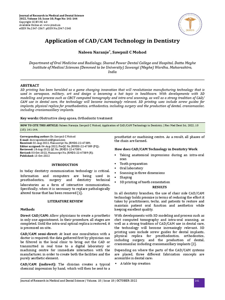 CAD/CAM Technology in Dentistry Applications | PDF | Dental Implant ...