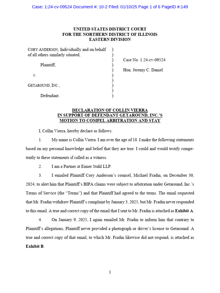 2025.01.10 010-2 Declaration of C. Vierra ISO Mot To Compel Arbitration ...