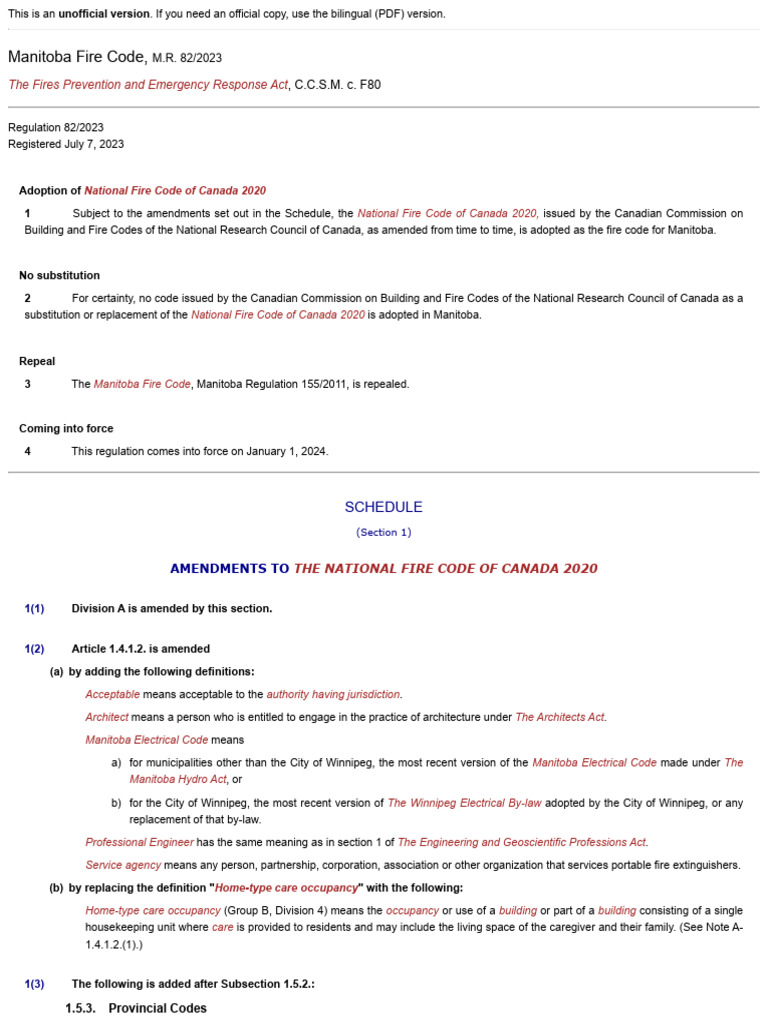 M.R. 82 - 2023, Manitoba Fire Code | PDF | Fire Sprinkler System | Safety