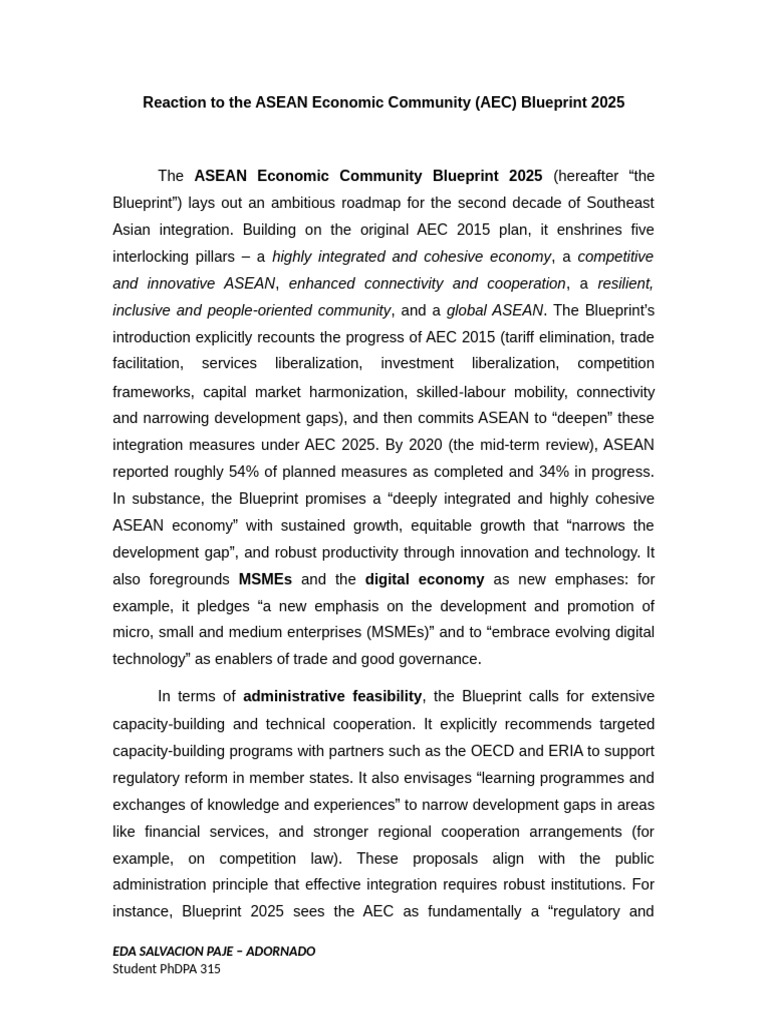 Reaction To The ASEAN Economic Community Blueprint 2025 - ADORNADO ...