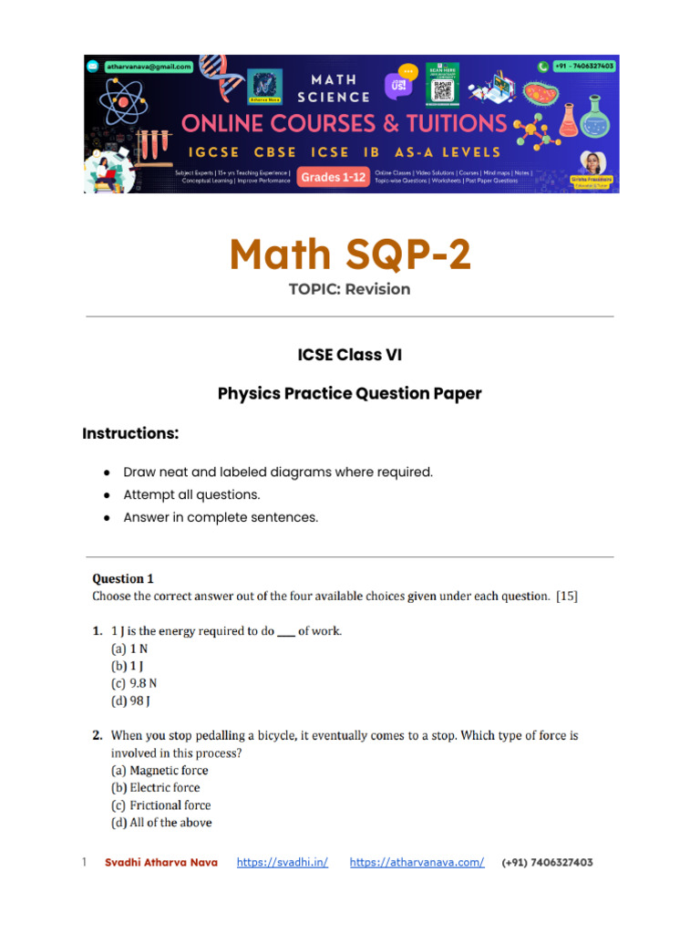 ICSE Class VI Physics Revision Paper | PDF