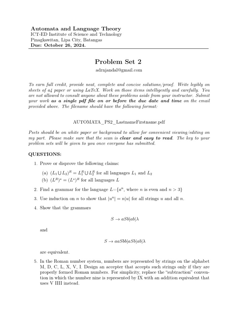 Automata Theory Problem Set Midterm | PDF