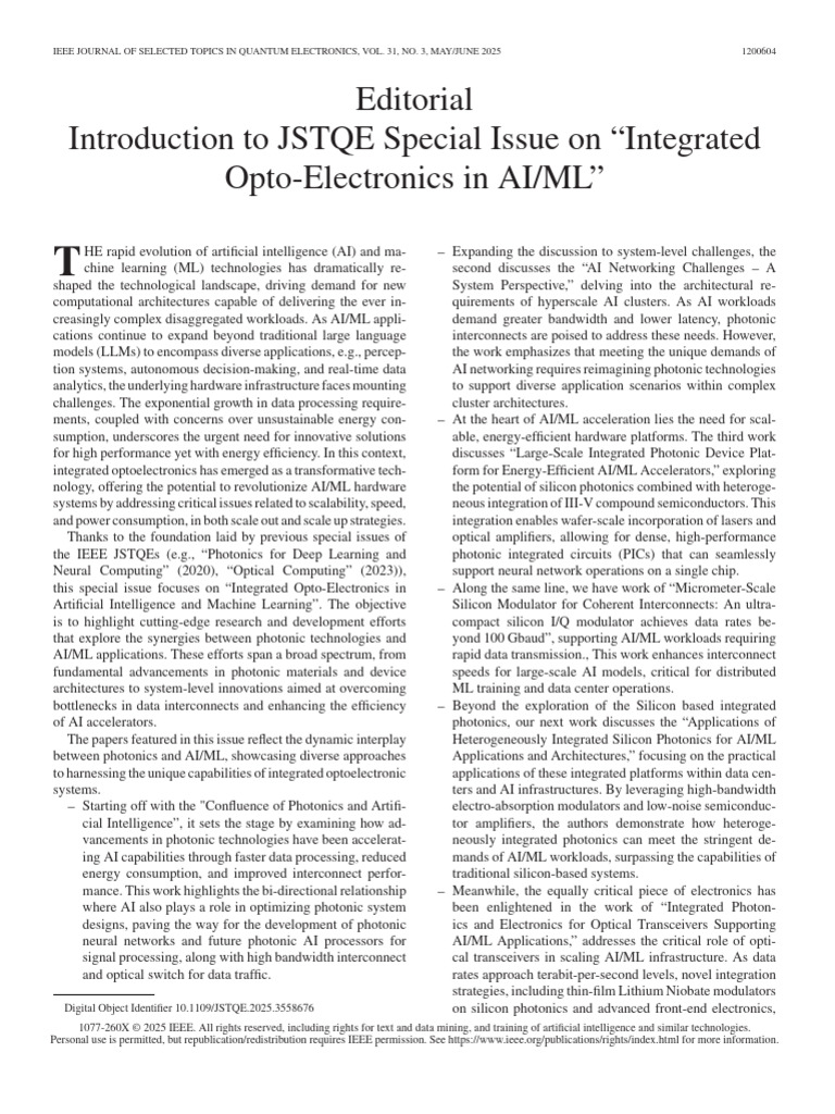 Editorial Introduction to JSTQE Special Issue on Integrated Opto-Electronics in AI ML | PDF ...