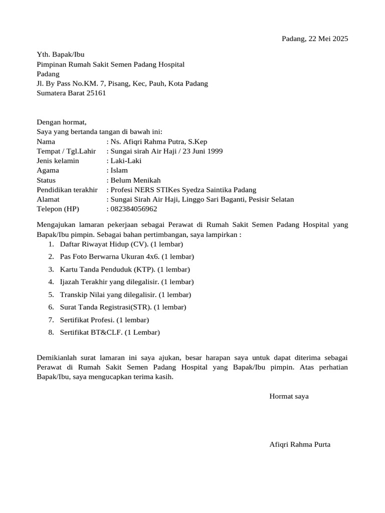 Surat Lamaran Rs SPH | PDF