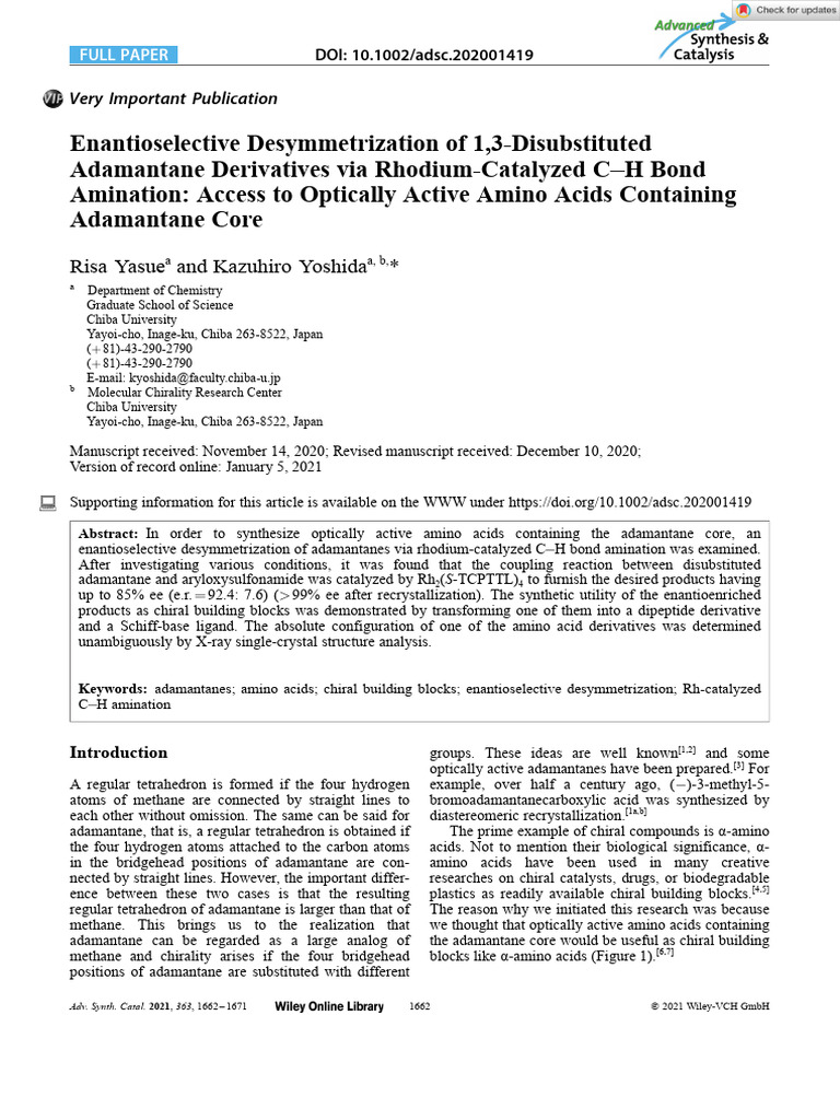 Adv Synth Catal - 2020 - Yasue - Enantioselective Desymmetrization of 1 3 Disubstituted ...