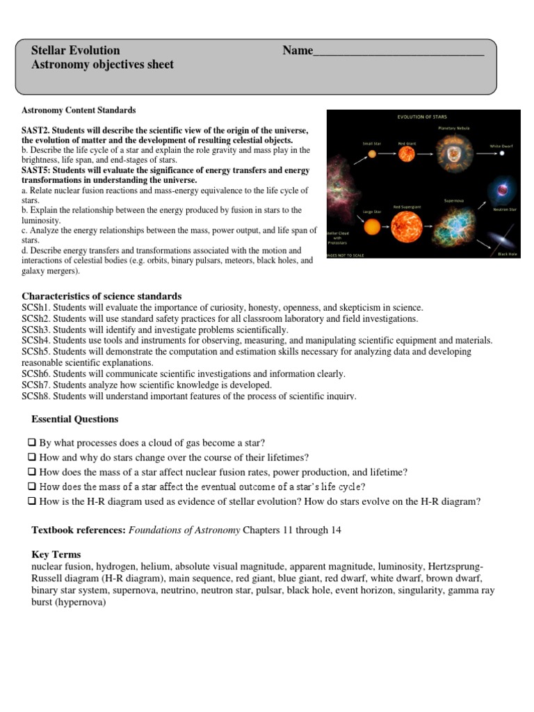 Stellar Evolution Objectives Sheet | PDF | Stars | Black Hole