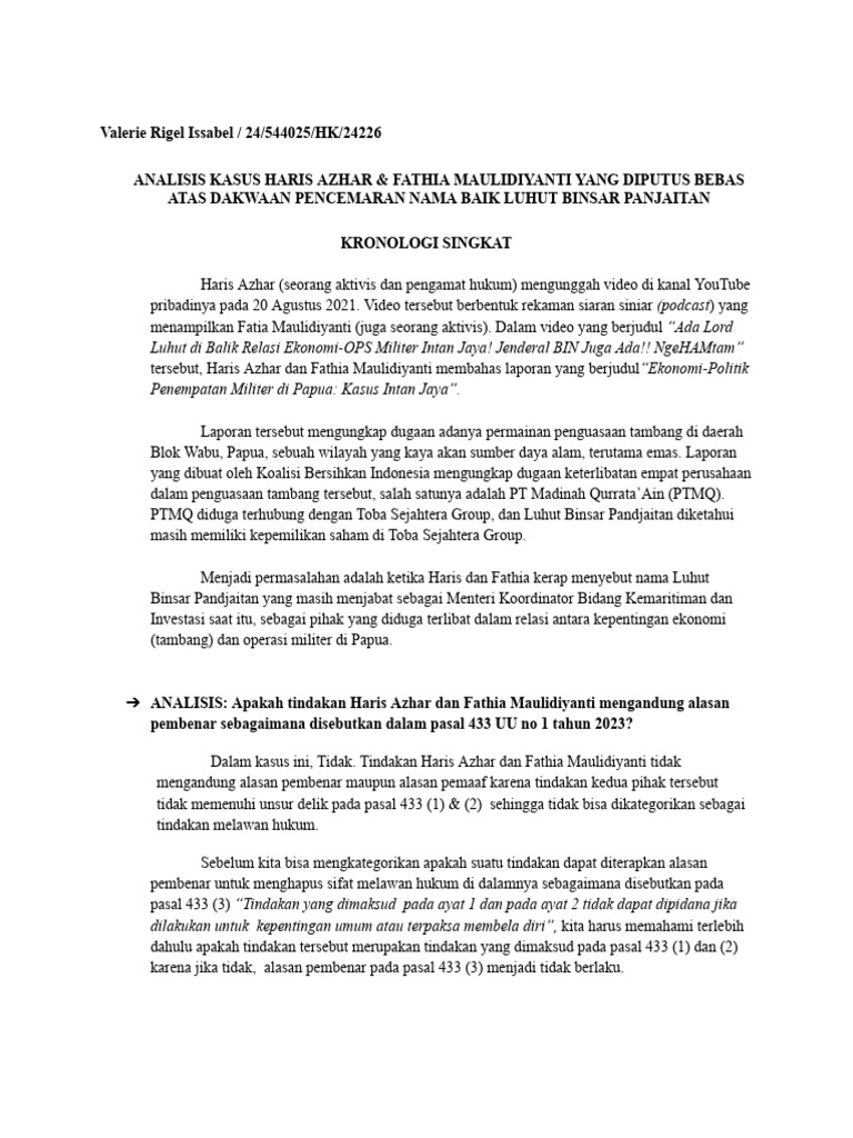 Analisis Terhadap Kasus Haris Dan Fathia - Valerie Rigel | PDF