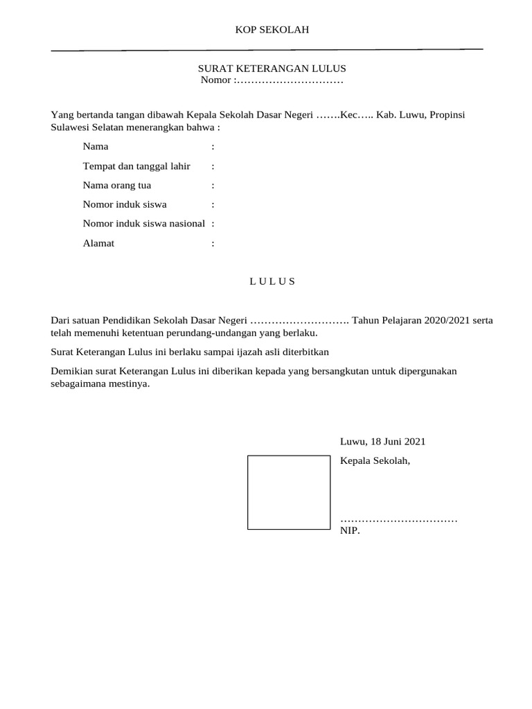 Surat Keterangan Lulus Sekolah Dasar | PDF