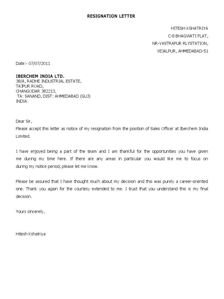 Indian Formal Resignation Letter