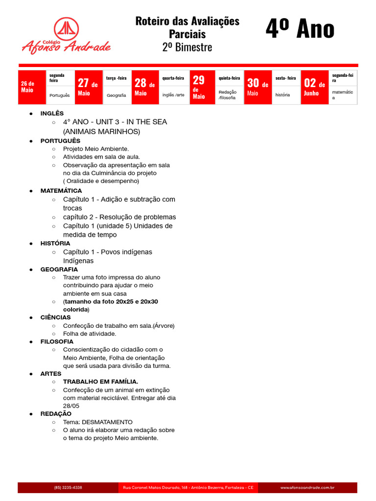 4ano_parcial_ROTEIRO DE PROVAS | PDF