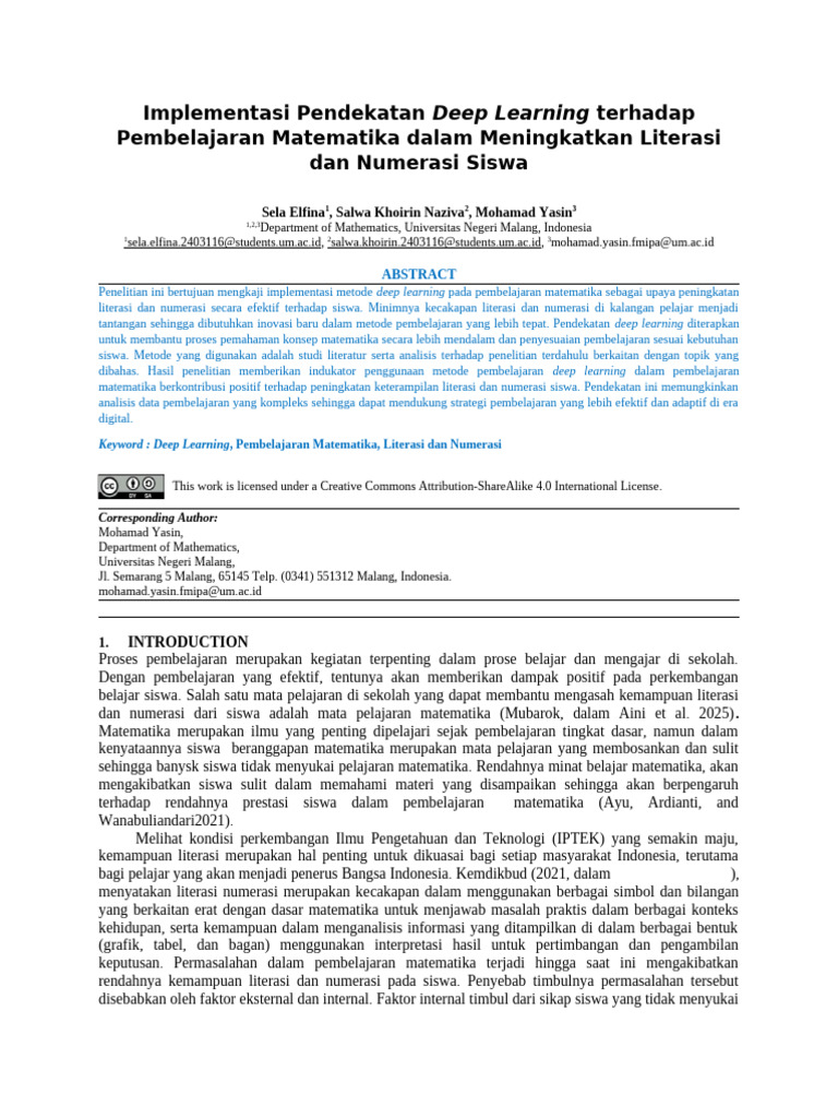 Implementasi Pendekatan Deep Learning Terhadap Pembelajaran Matematika ...