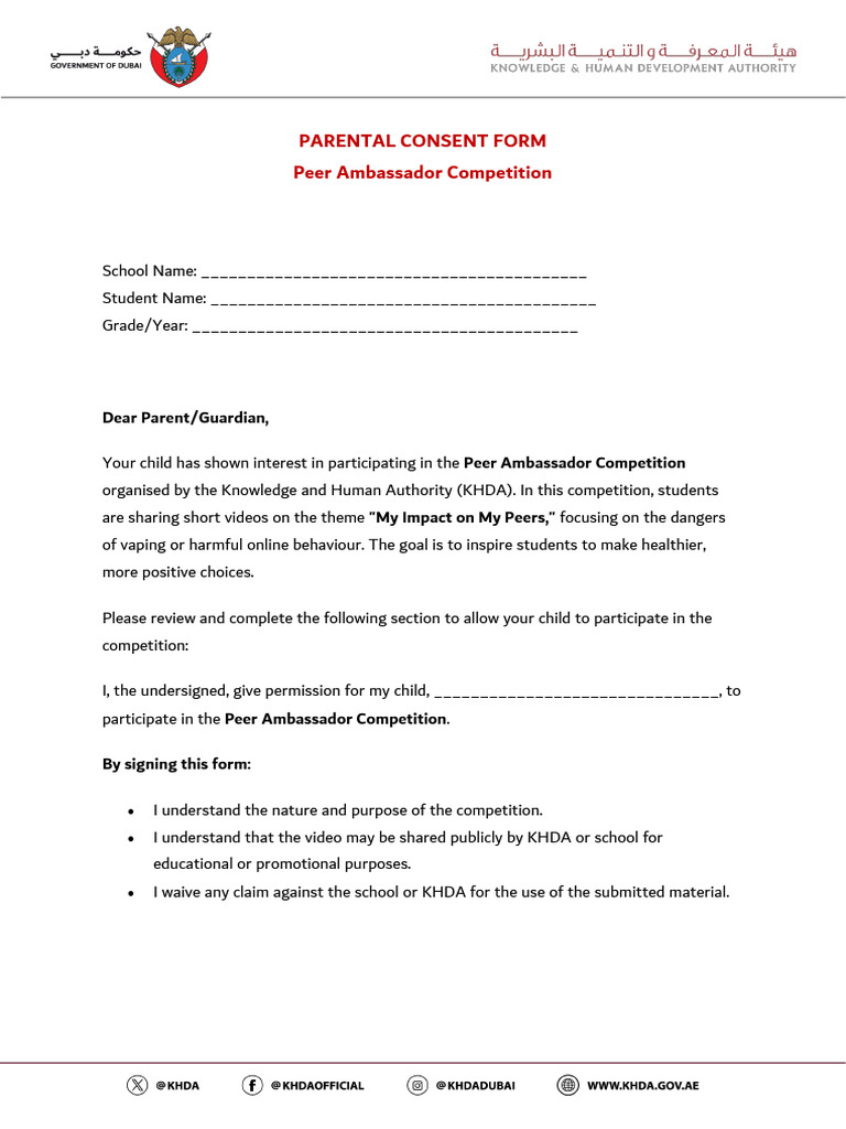Parental Consent Form - Peer Ambassador Competition - ENG | PDF