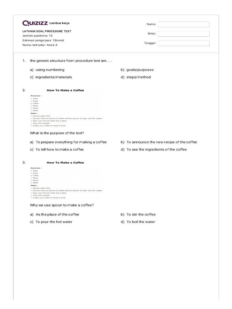 LATIHAN SOAL PROCEDURE TEXT - Quizizz | PDF | Oven | Tea