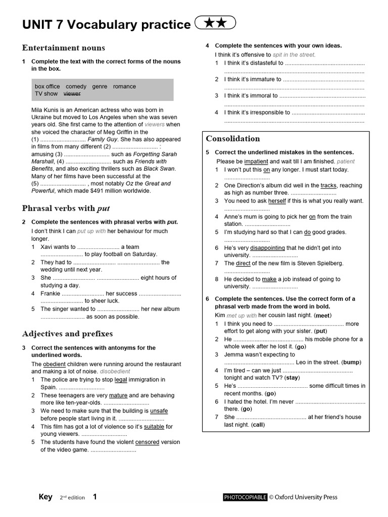 Key2e L1 Worksheets Vocabulary Unit 7 2star | PDF | Syntax | Grammar