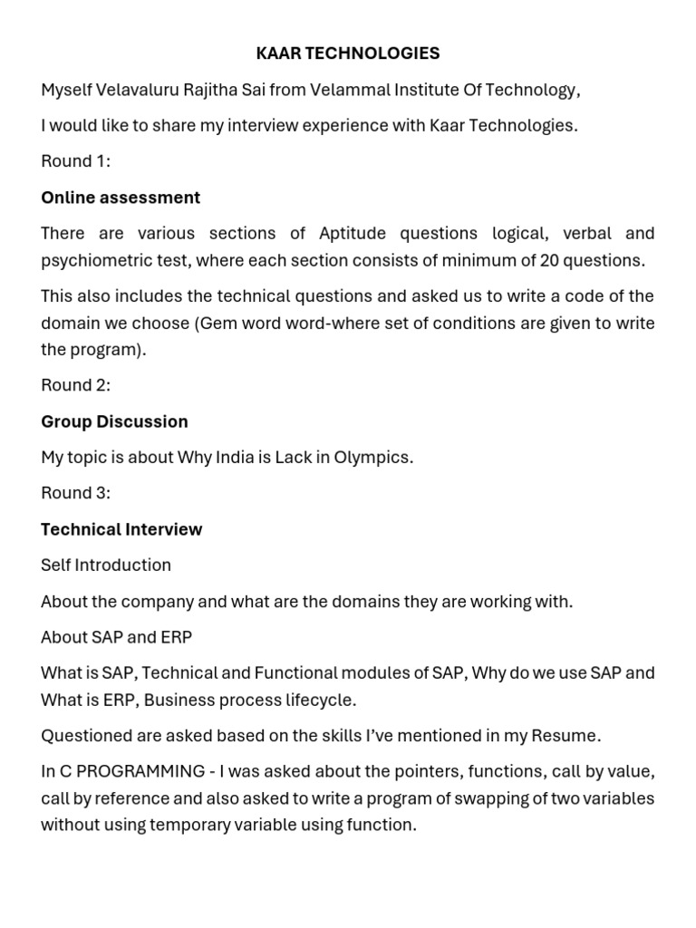 Kaar Technologies Interview Experience | PDF
