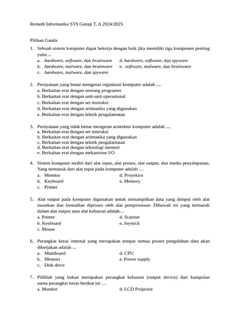 Informatika X - Remedi STS Genap 2025 | PDF