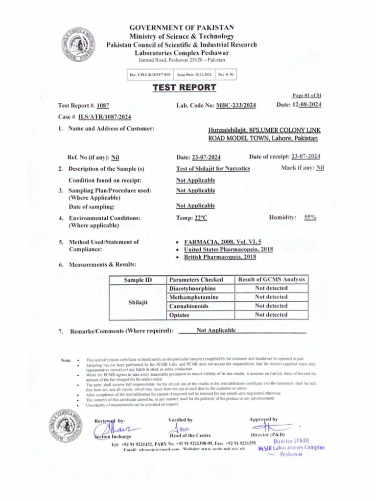 Hunzaishilajit LLP PCSIR-Report-1 | PDF
