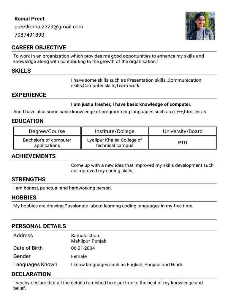 Resume Komal Preet | PDF