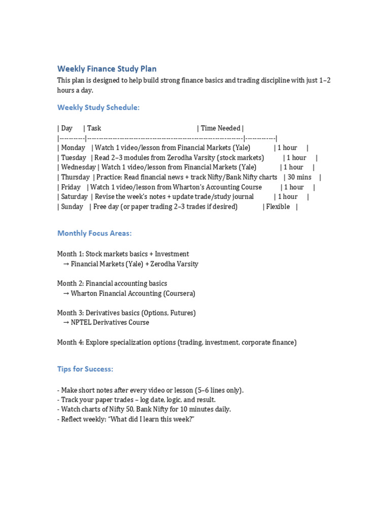 Weekly Finance Study Plan Guide | PDF