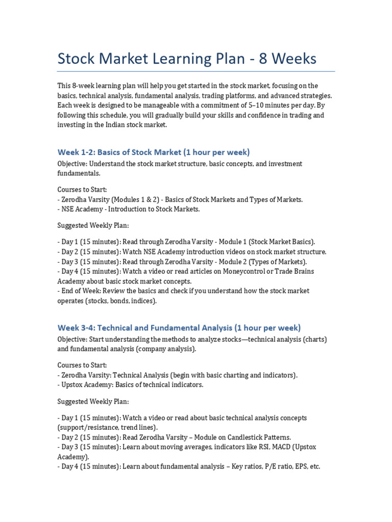 8-Week Stock Market Learning Plan | PDF | Technical Analysis | Stock Market