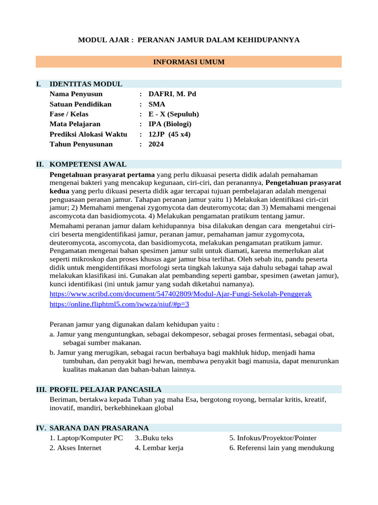 Modul Peranan Jamur Dalam Kehidupannya 2024 | PDF
