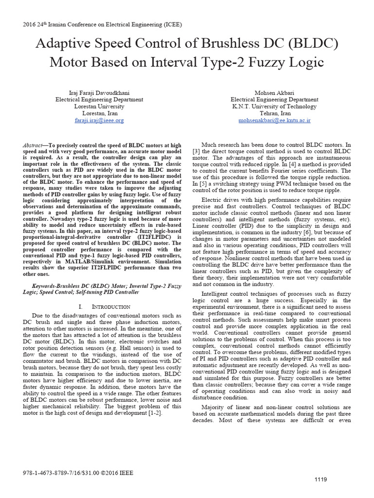 Adaptive Speed Control for BLDC Motors | PDF | Fuzzy Logic | Power Inverter