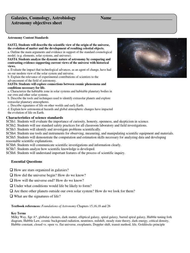 Galaxies, Cosmology, Astrobiology Objectives Sheet | PDF | Milky Way ...