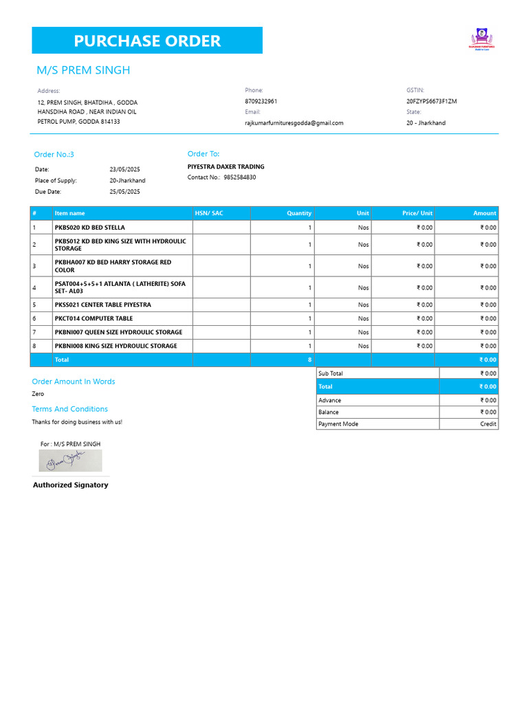 Purchase Order PIYESTRA - 3 - 23 - 05 - 25 | PDF