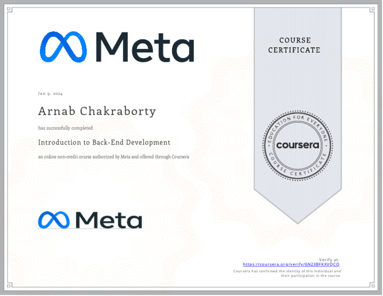 Arnab Chakraborty - Backend Dev Certificate | PDF