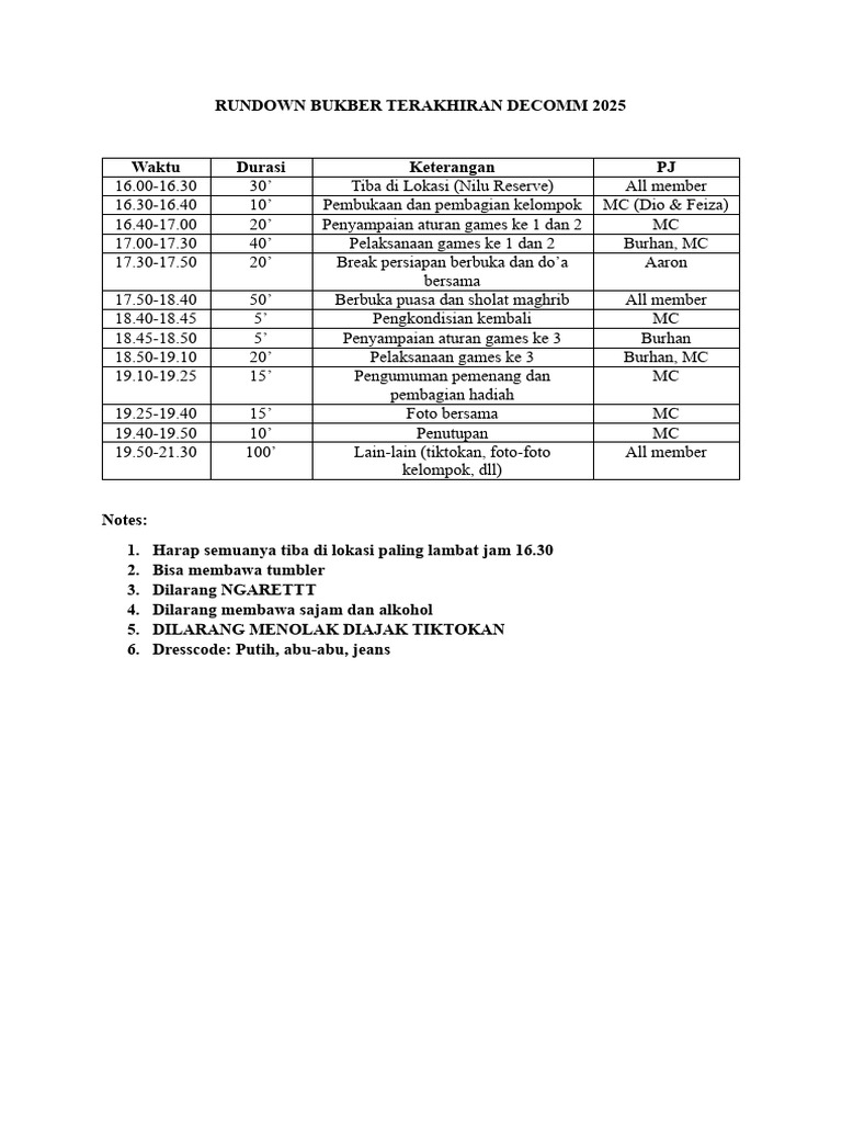 Rundown Bukber Terakhiran Decomm 2025 | PDF