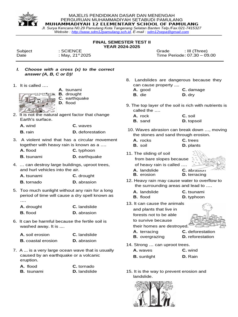 Soal Sat Science Grade 3 I 2425 Rina Catherina | PDF | Erosion | Landslide