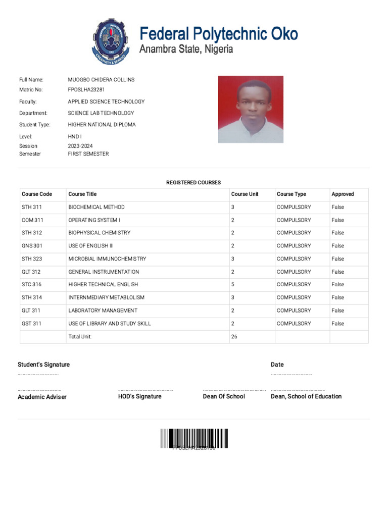 Collins Muogbo course registration | PDF | Educational Stages | Higher ...