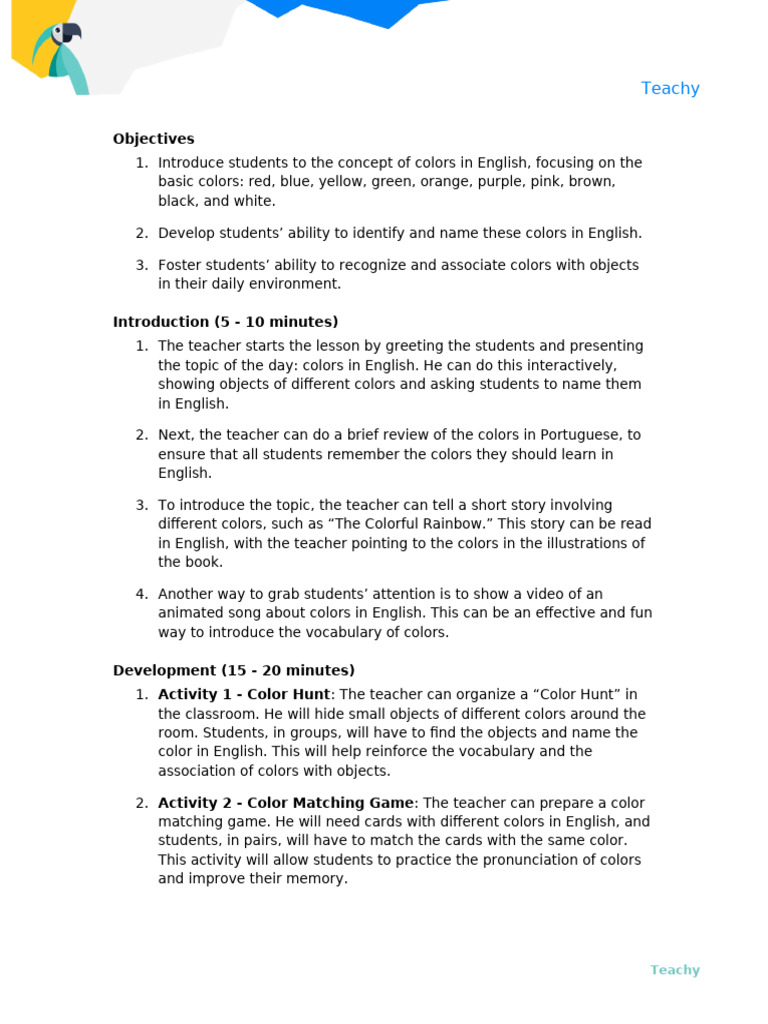 Lesson Plan Generator - Colors (Kindergarten, A1, A2) | PDF | Teachers ...