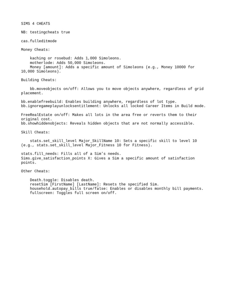 Sims 4 Cheats | PDF
