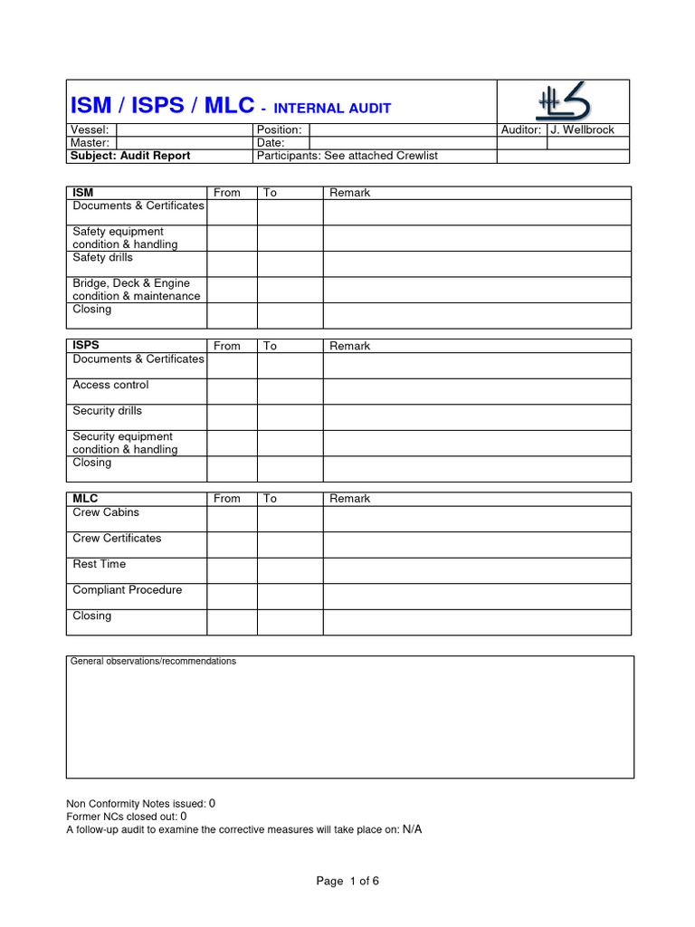 ISM/ISPS/MLC Internal Audit Checklist | PDF | Audit | Internal Audit