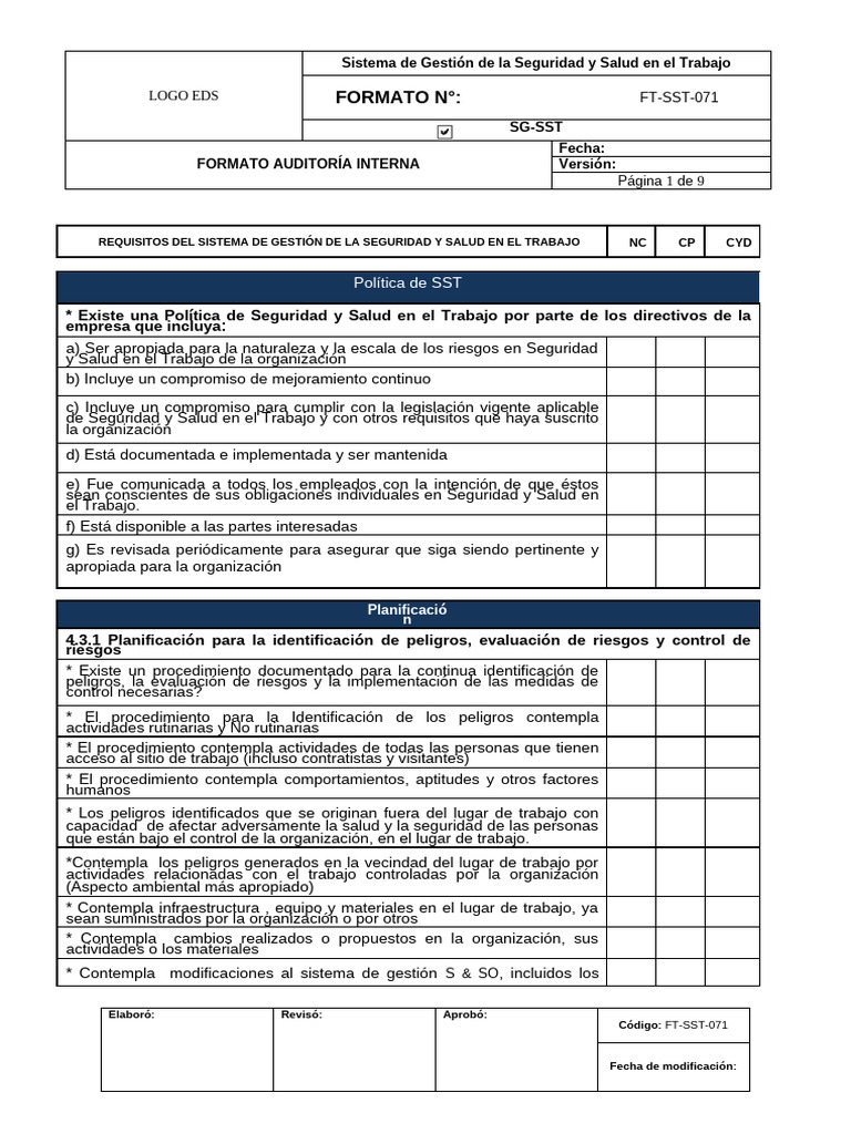 FT SST 071 Formato Auditoria Interna | PDF | Auditoría | Valores