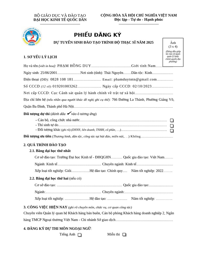Phieu Dang Ky THS | PDF