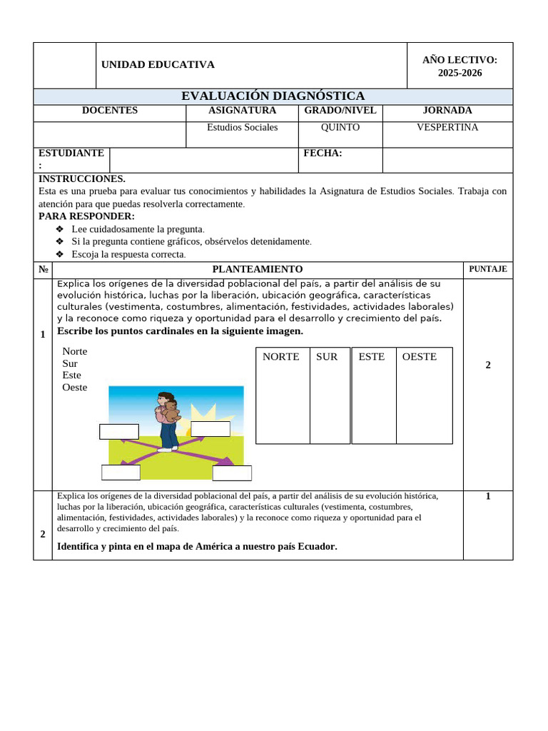 Evaluación Diagnóstica de Quinto Año Estudios Sociales | PDF | Ecuador