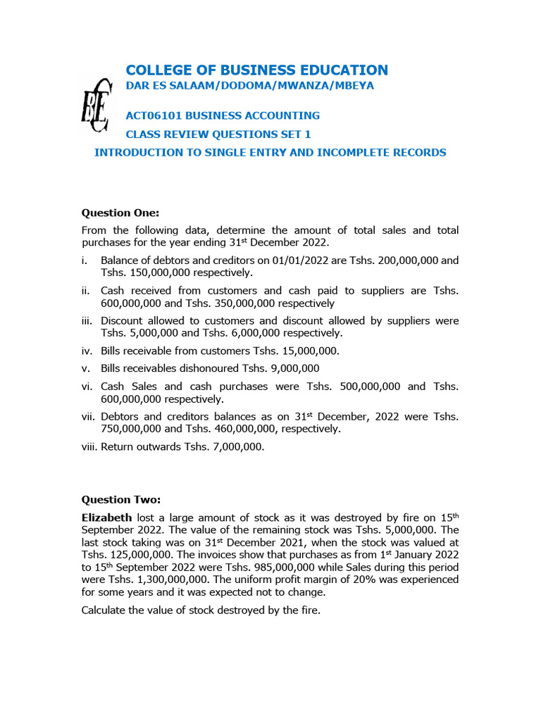 Single Entry Accounting Review Questions | PDF | Expense | Banks
