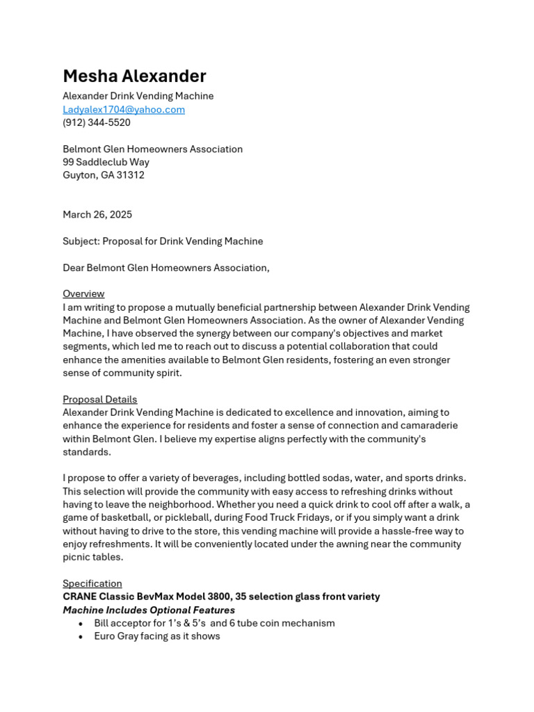 Proposal for Vending Machine in Belmont Glen | PDF | Vending Machine