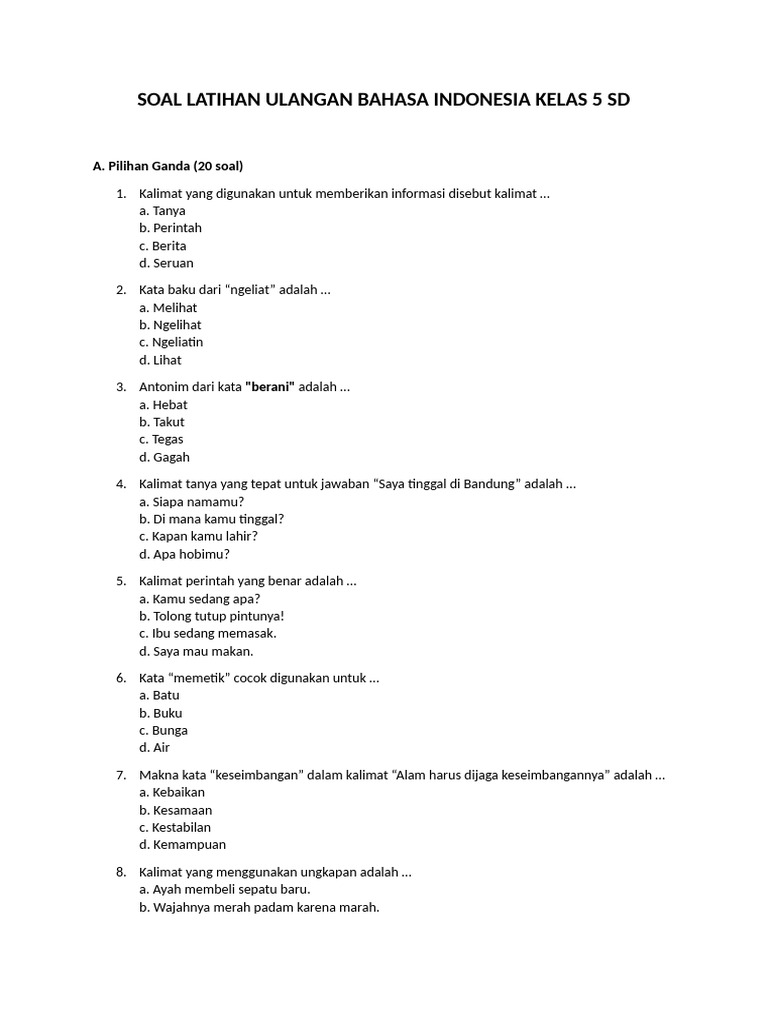 Soal Ulangan Bahasa Indonesia Kelas 5 | PDF