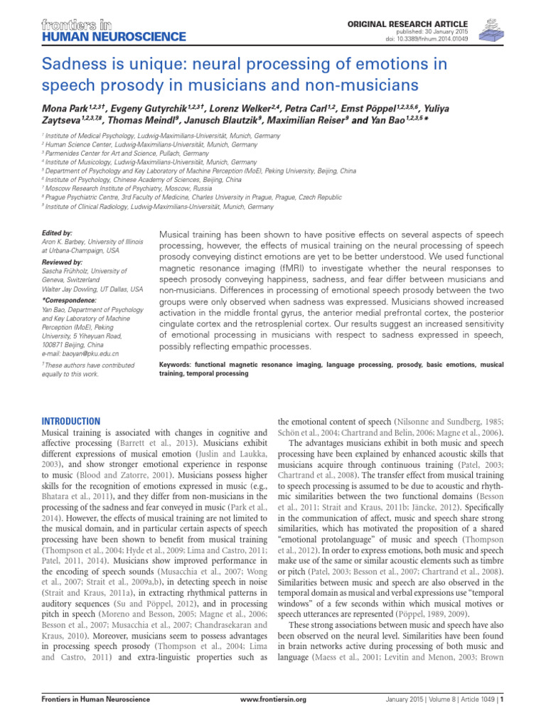 Musicians' Neural Response to Sadness | PDF | Cingulate Cortex | Emotions