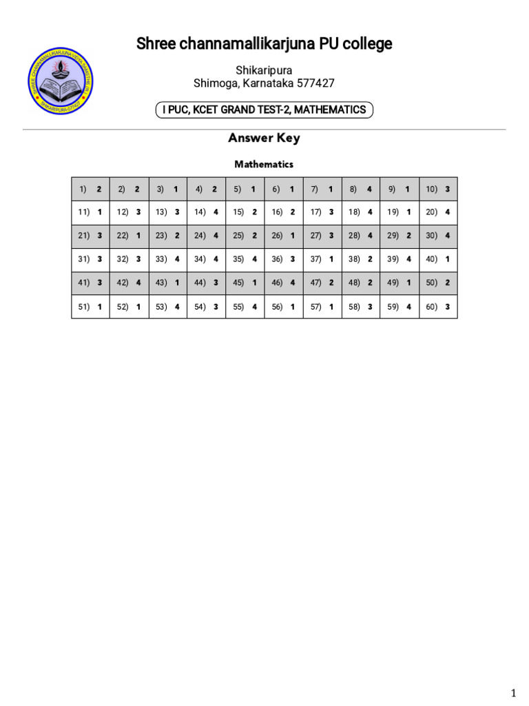 KCET Grand Test-2 Math Answer Key | PDF | Elementary Geometry | Mathematics