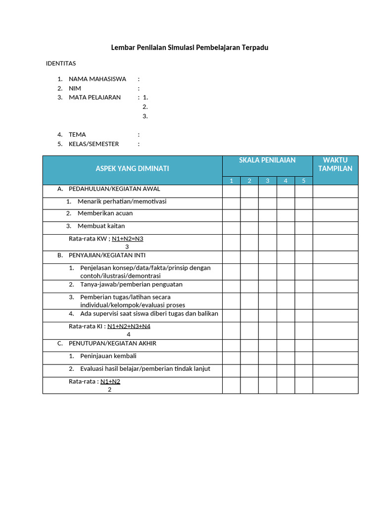 Lembar Penilaian Simulasi Pembelajaran Terpadu | PDF