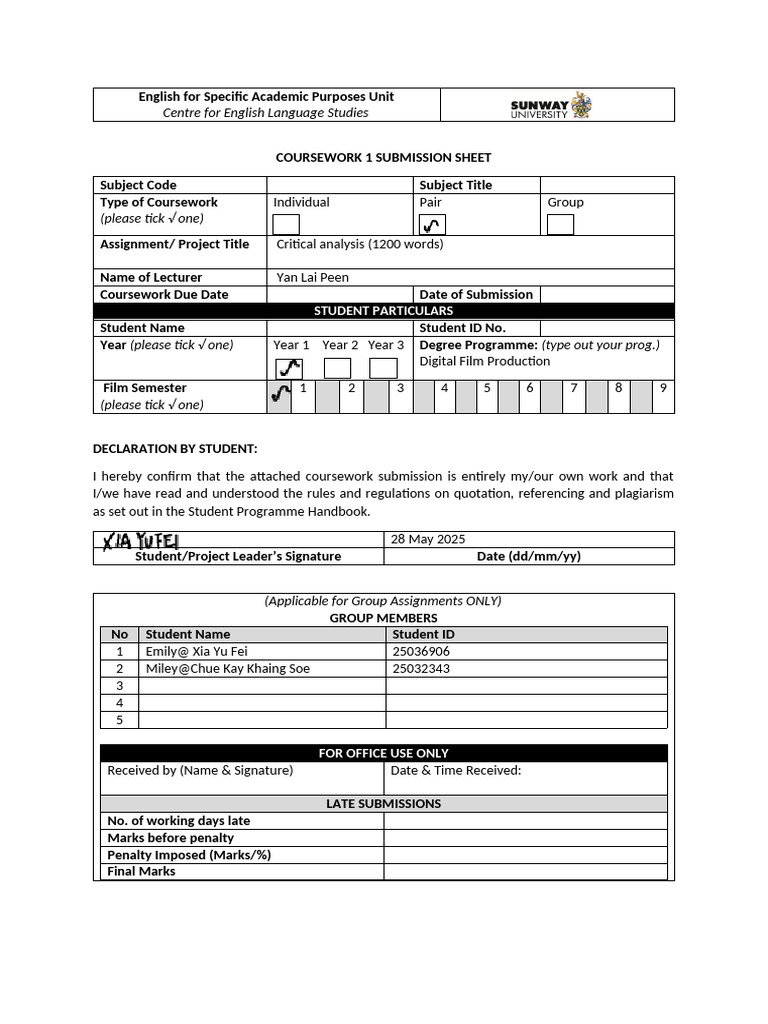 Coursework 1 Submission Sheet - ENG1084 | PDF